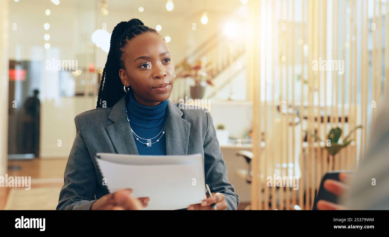 African business woman, paperwork and meeting for interview, assessment ...