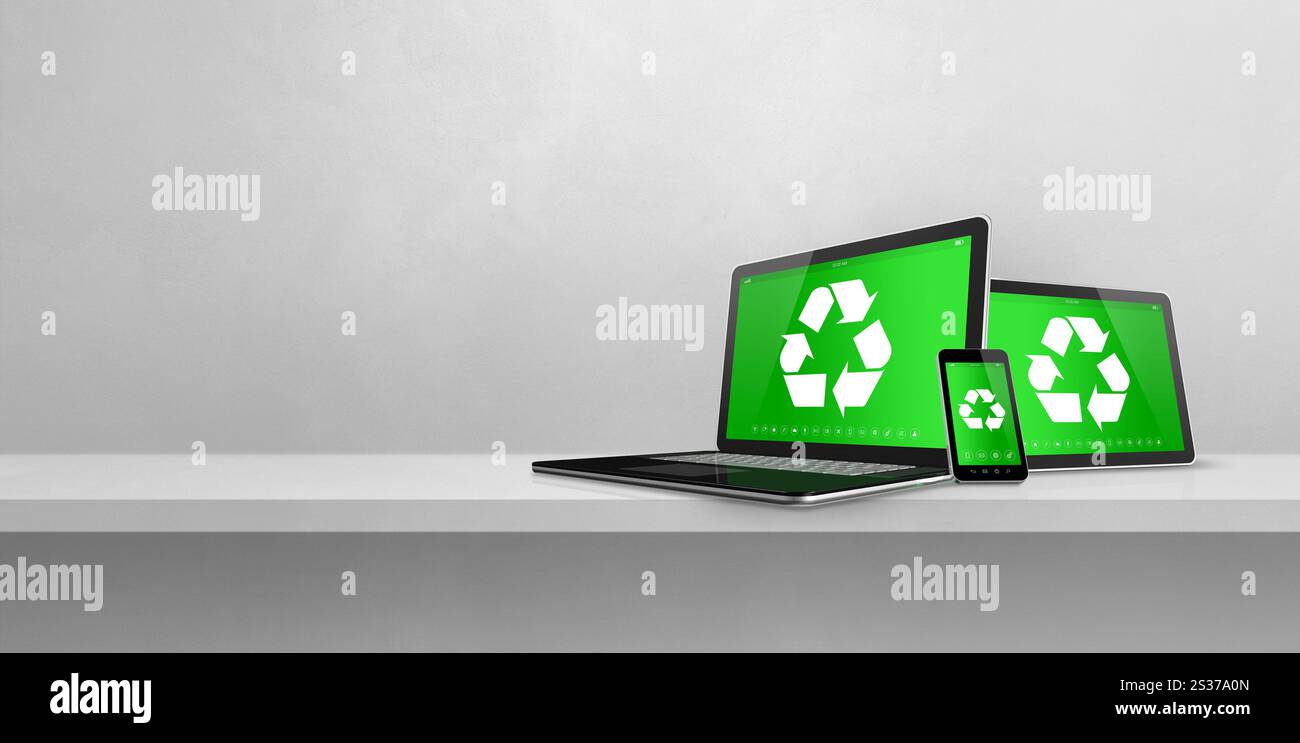 Laptop, tablet PC and smartphone on a shelf with a recycle symbol on ...