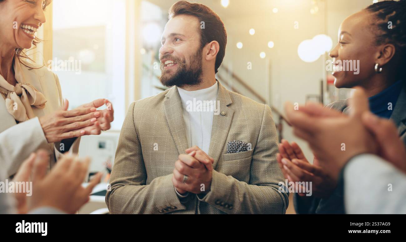 People, happy and applause in lobby for business, positive ...