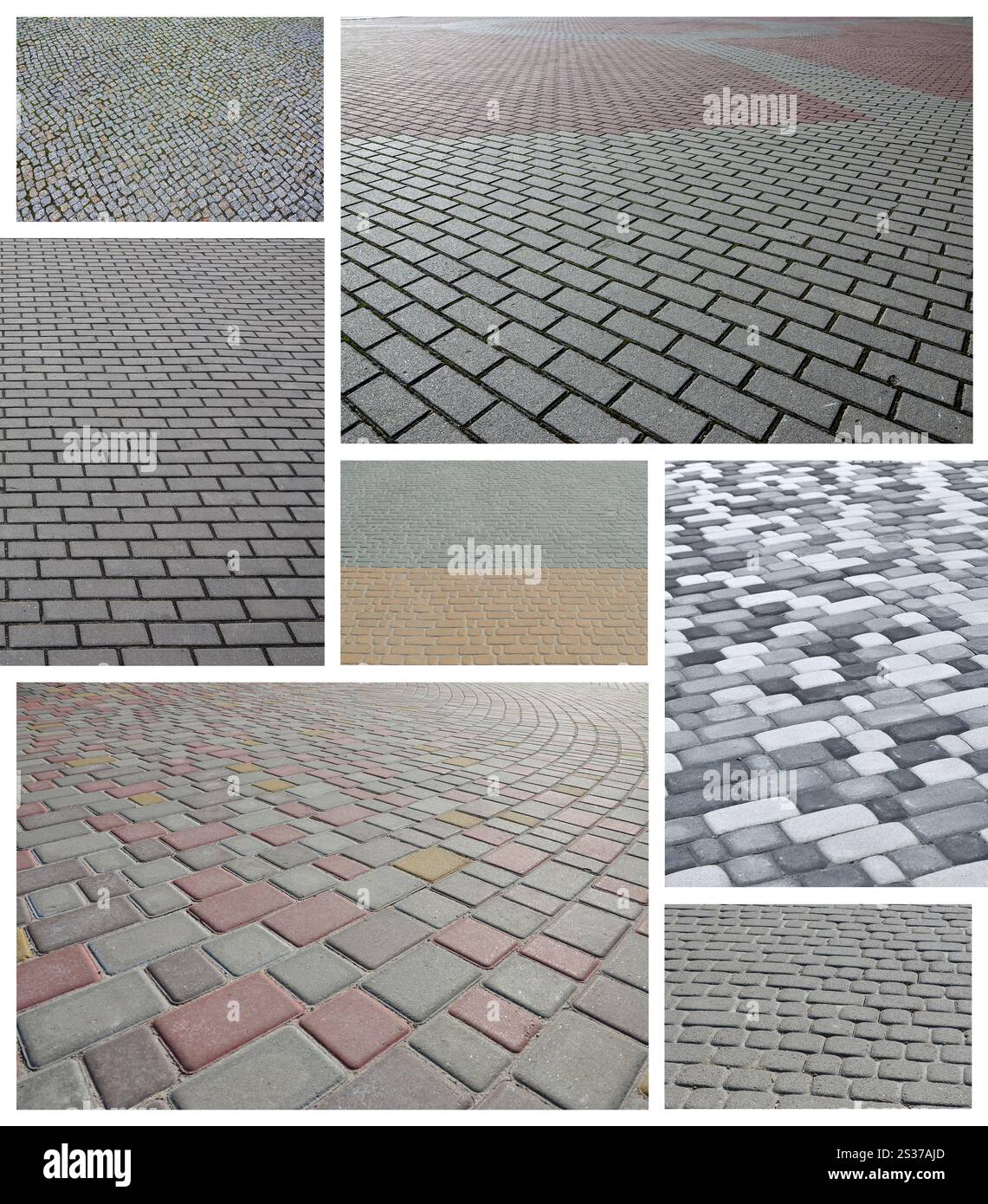 A collage of many pictures with fragments of paving tiles close-up. Set ...