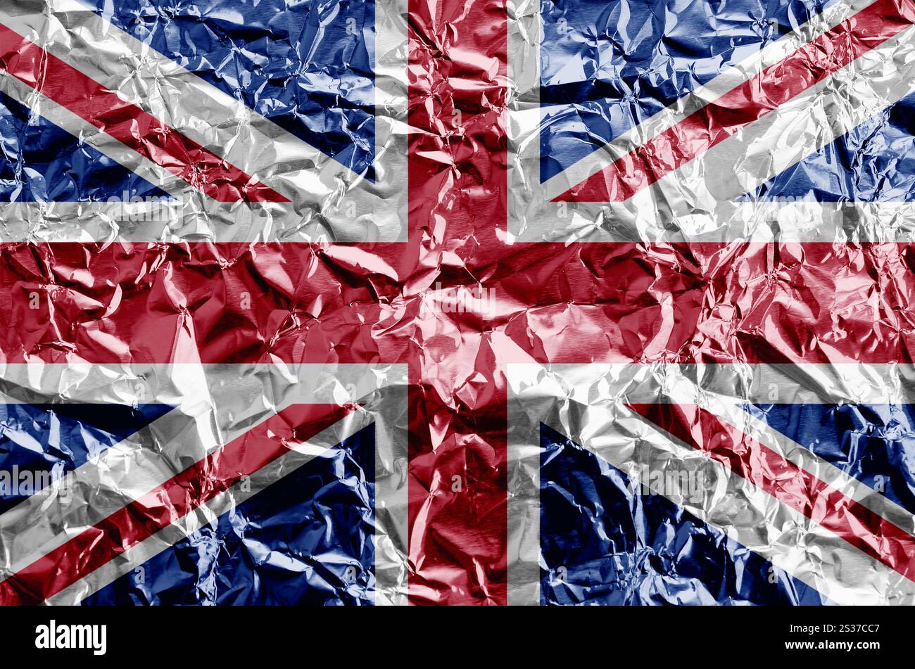 Great britain flag depicted in paint colors on shiny crumpled aluminium ...