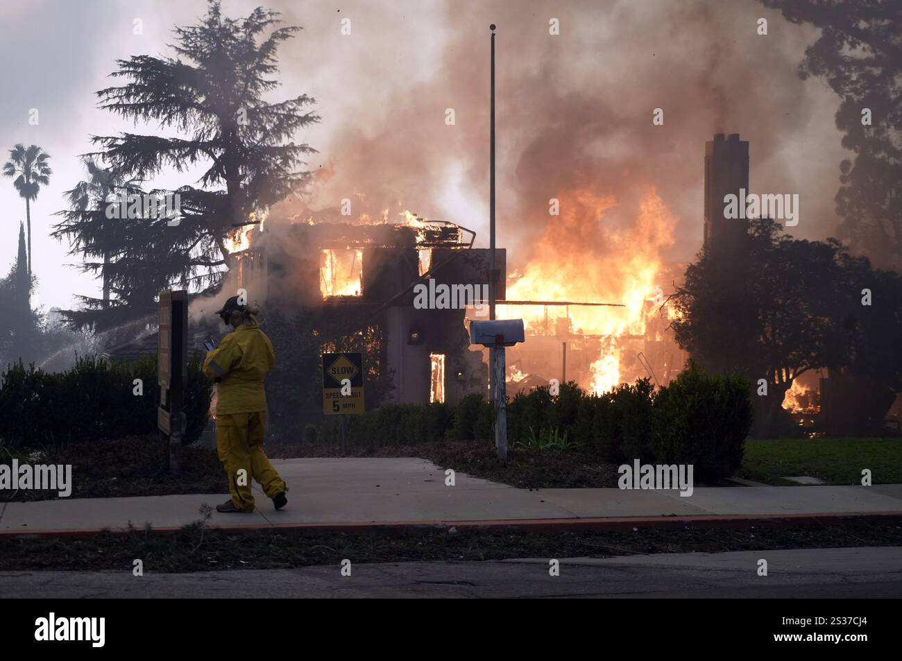 KCAL 9 News female television reporter Jasmine Viel stands by a burning ...