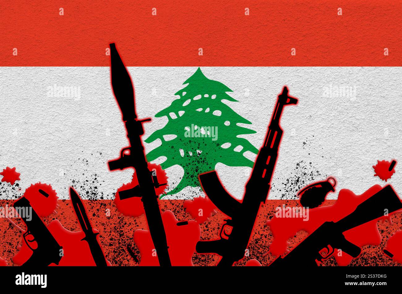 Lebanon flag and various weapons in red blood. Concept for terror ...