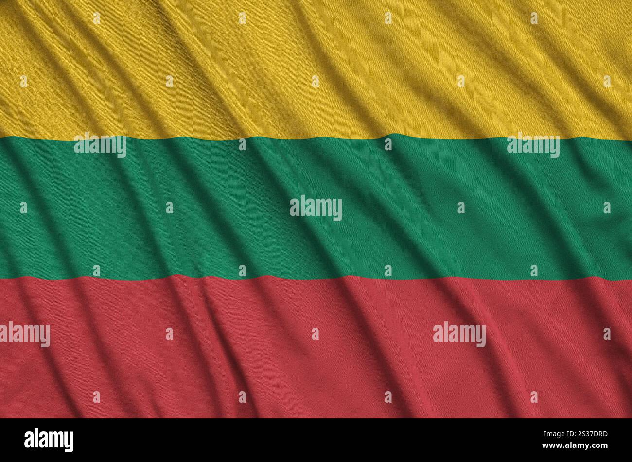 Lithuania flag is depicted on a sports cloth fabric with many folds ...
