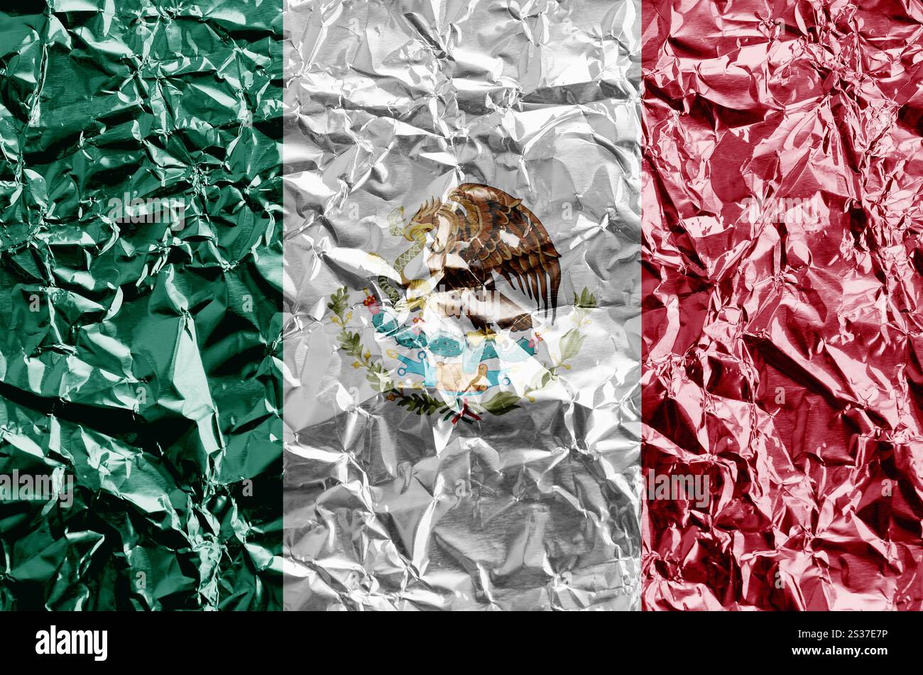 Mexico flag depicted in paint colors on shiny crumpled aluminium foil ...