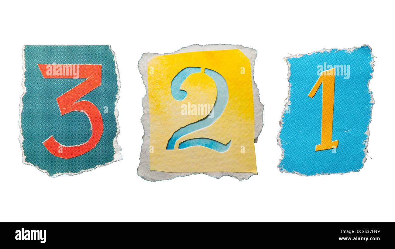 Handmade 3, 2 and 1 numbers created from torn colorful magazine paper ...