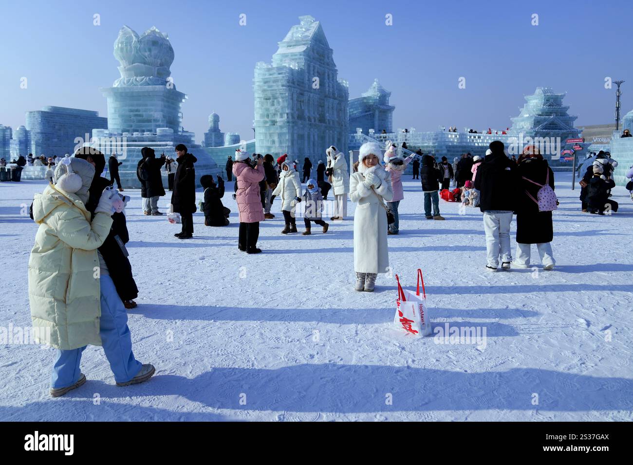 Visitors take souvenir pictures as they tour the Harbin Ice and Snow ...