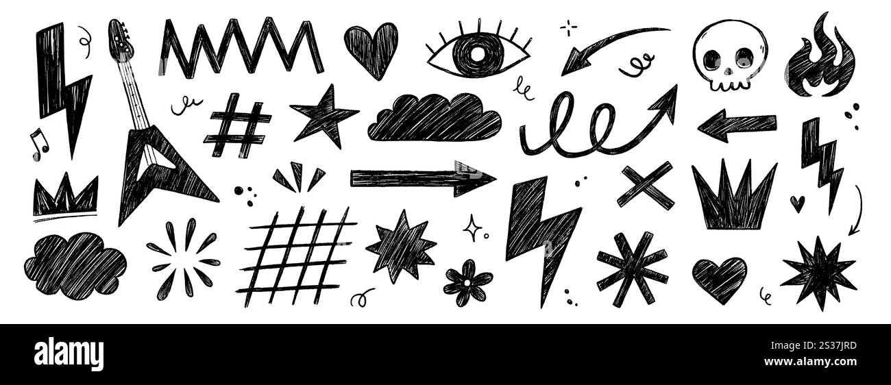 Hand drawn rock punk music star grunge heart doodle icon element set ...