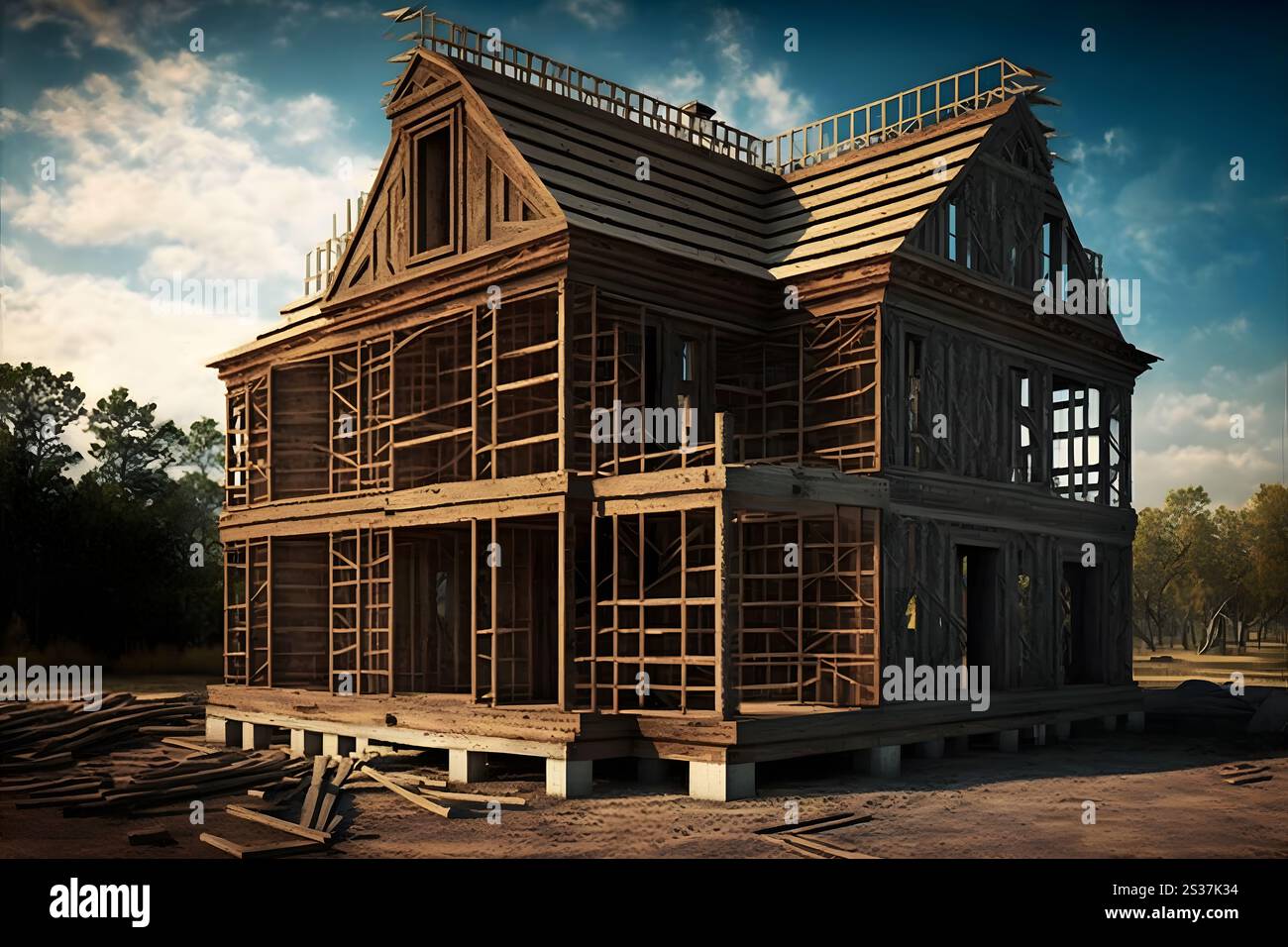 New wooden residential construction home framing against a blue sky ...
