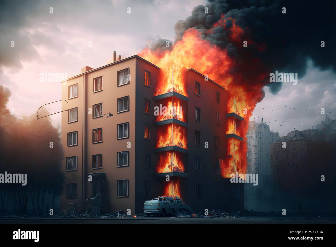 Multistorey residental or office building on fire. Neural network AI ...