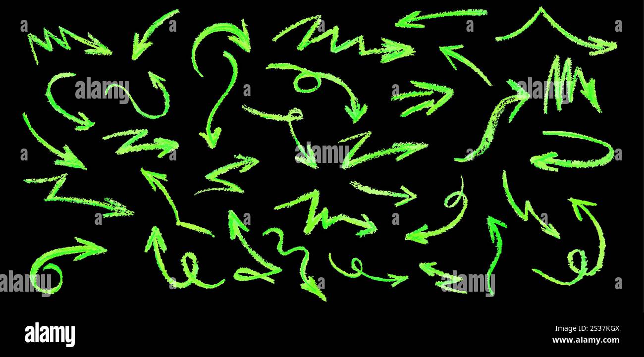 Neon green arrows set. Wax crayon drawing grafitti elements in acid ...