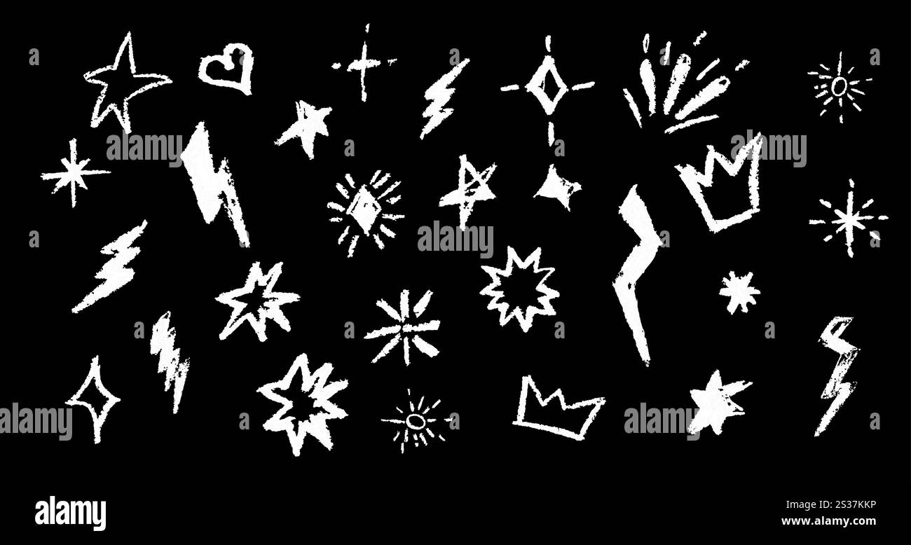 Crayon firecracker stars heart and crown in black color. BW collection ...
