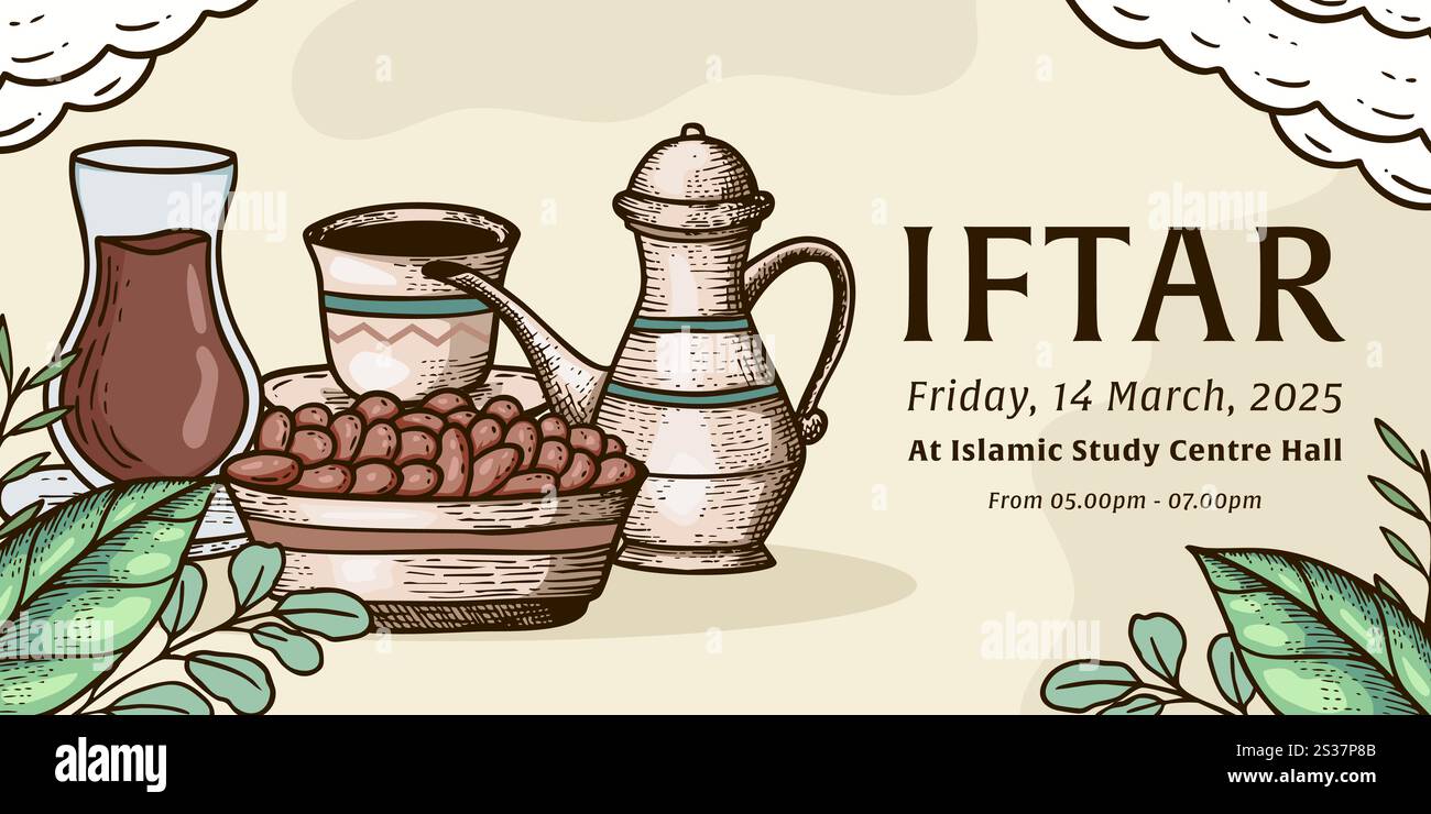 hand drawn ramadan iftar horizontal banner illustration Stock Vector ...