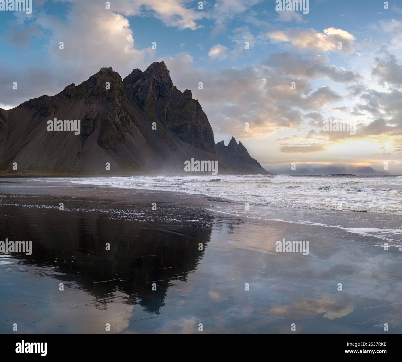 Sunrise Stokksnes cape sea beach and Vestrahorn Mountain with its ...