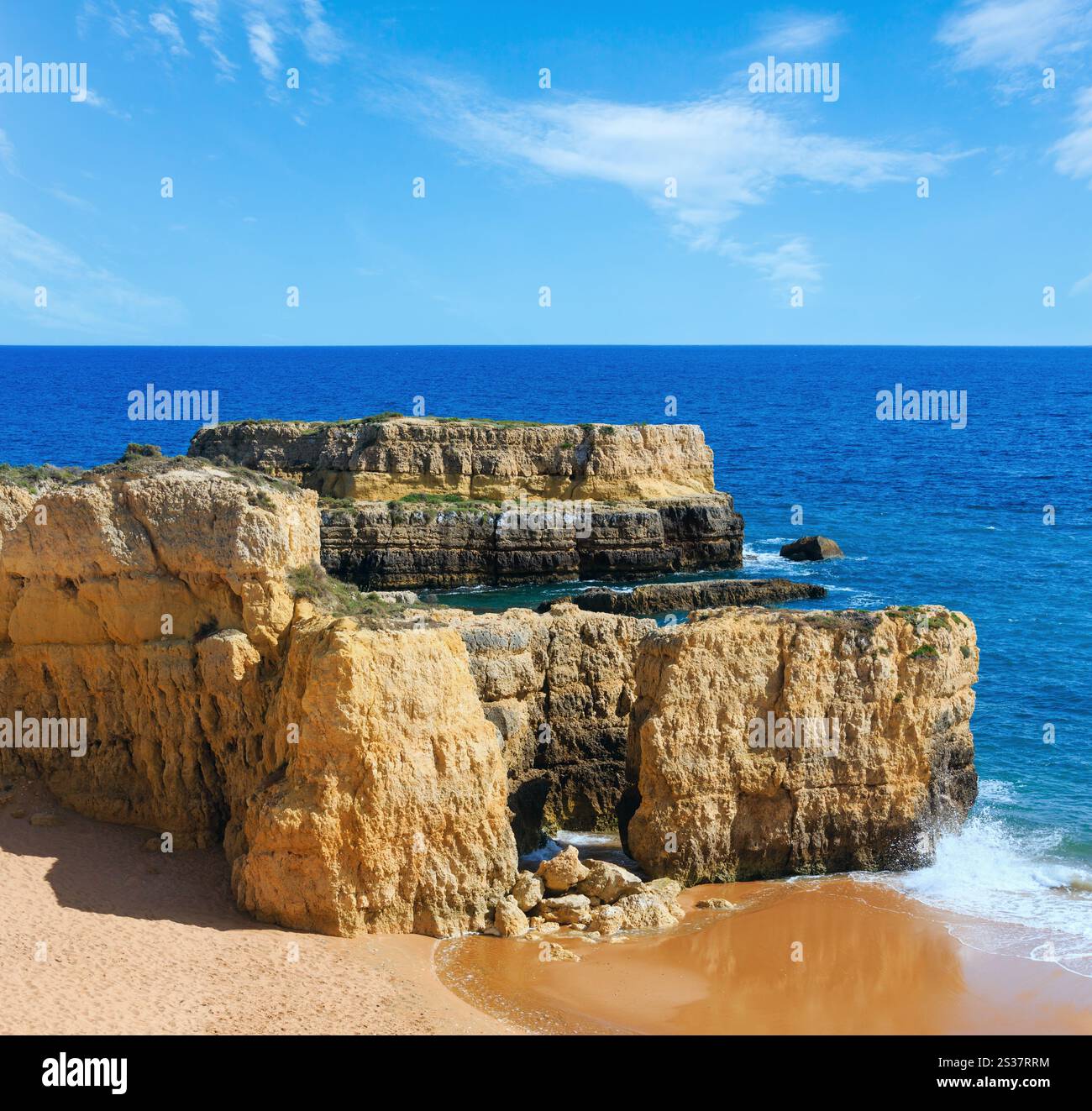 Yellow cliffs on sandy beach. Summer Atlantic rocky coast top view ...
