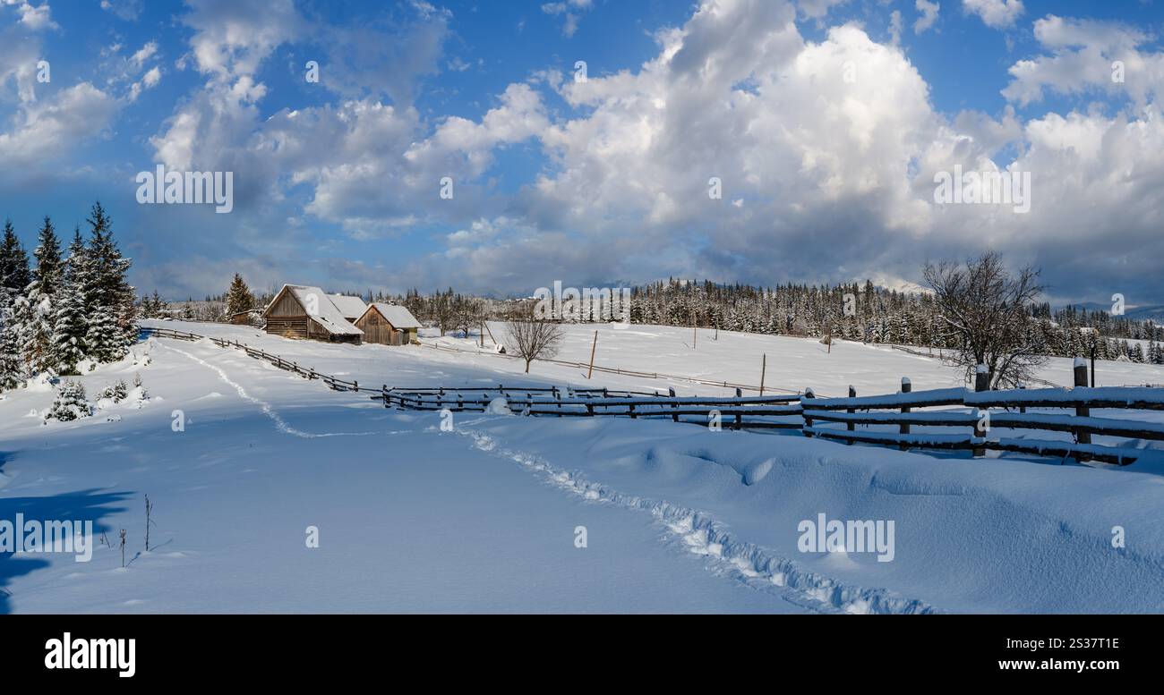 Countryside hills, groves and farmlands in winter remote alpine ...