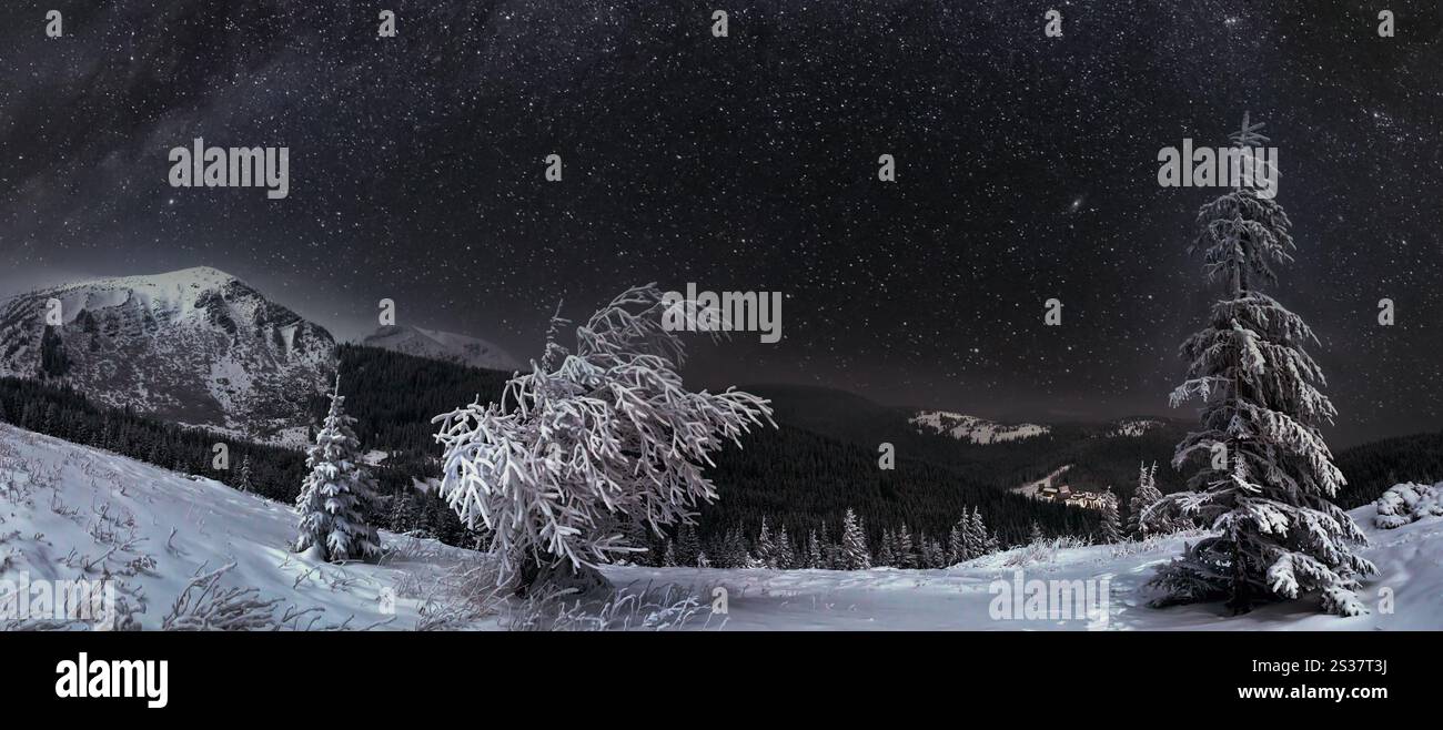 Night winter mountain landscape in full moon moonlight and house with ...