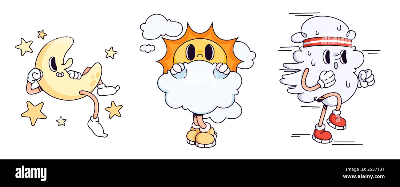 Groovy weather characters set isolated on white. Contemporary vector ...