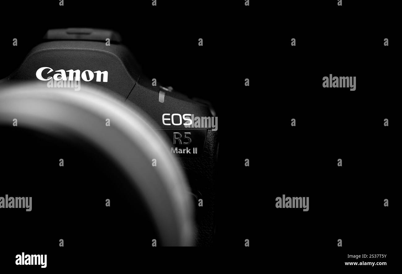 Canon EOS R5 Mark II Digital Mirrorless Camera on a Black Background ...
