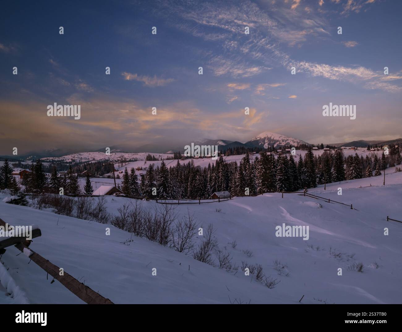 Night countryside hills, groves and farmlands in winter remote alpine ...