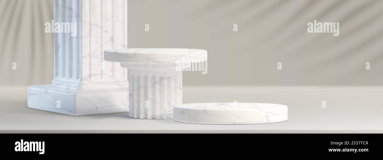 3d marble pillar podium. White column stand. Round pedestal block ...