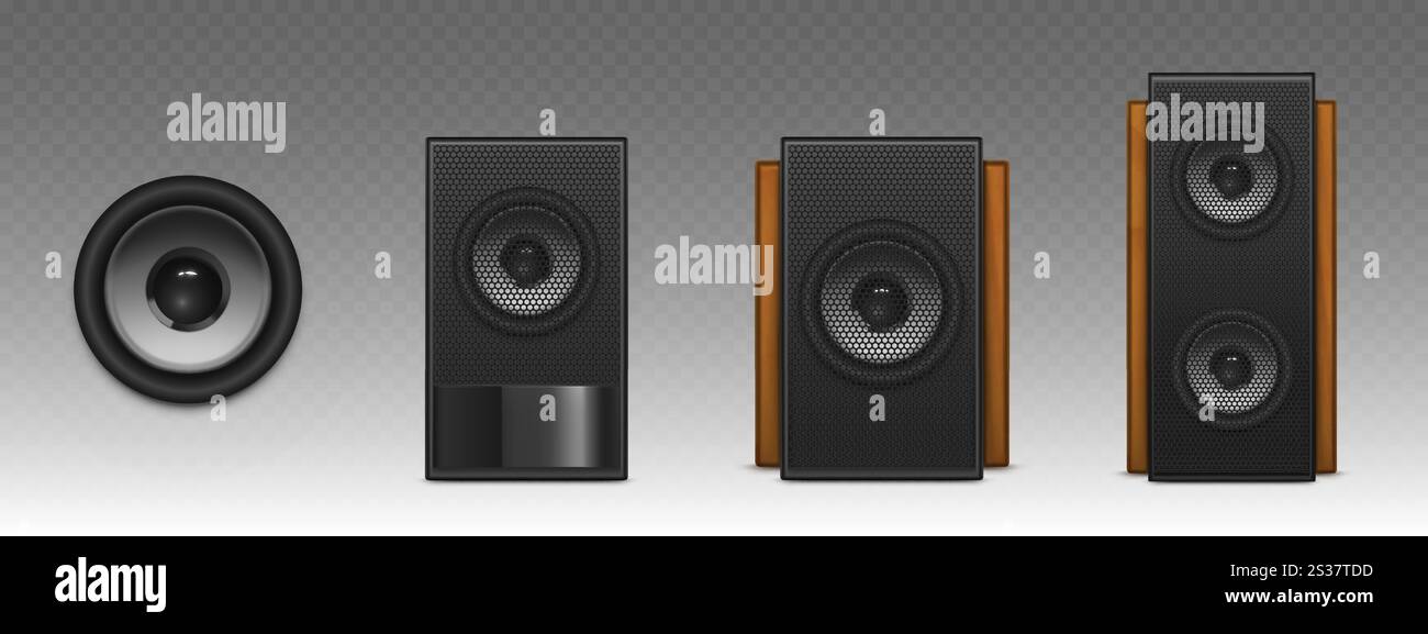 3d music speaker sound. Audio box system vector. Realistic black home ...