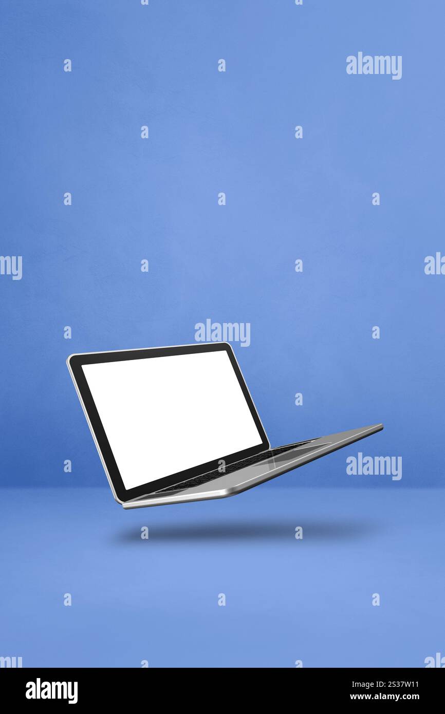Blank computer laptop floating over a blue background. 3D isolated ...