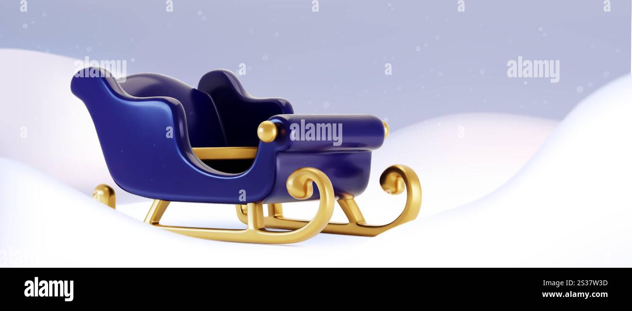 3d deep blue sleigh with golden ornate runners on snowy winter ...