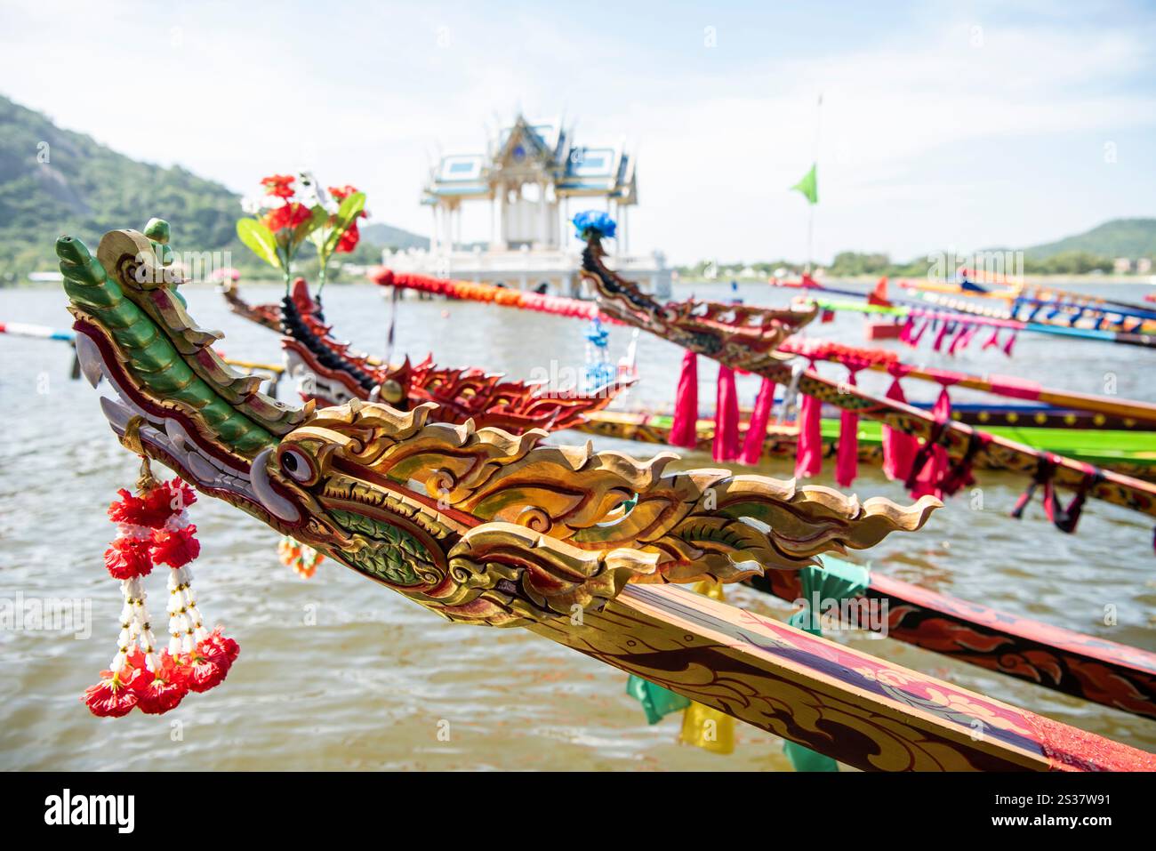 a front of a Dragonboat or Longboat on the Lake Khao Tao at the ...