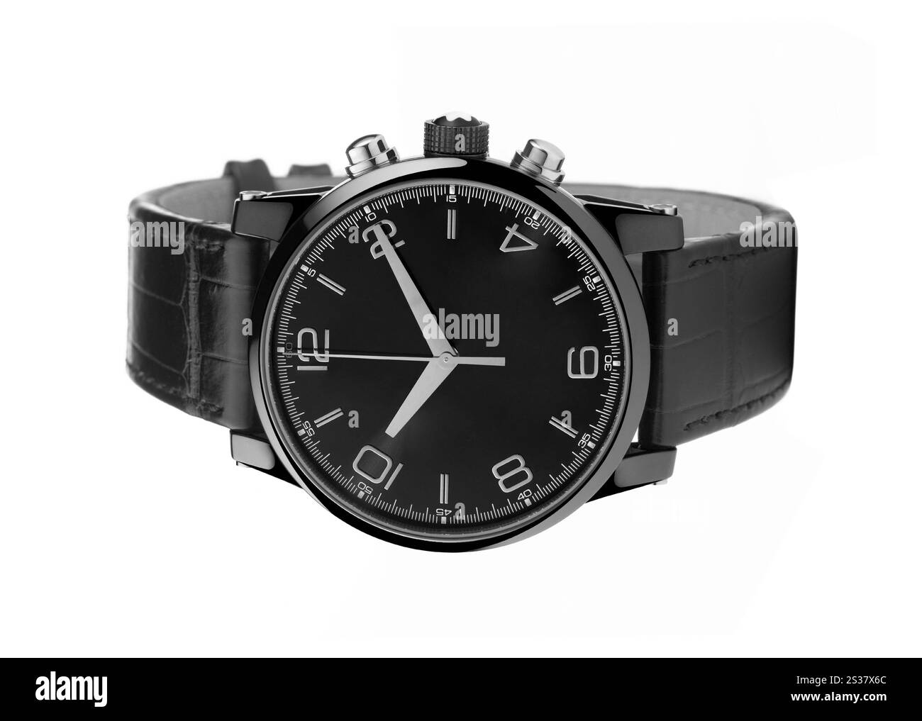 front view of luxury watch, black leather and silver Stock Photo - Alamy