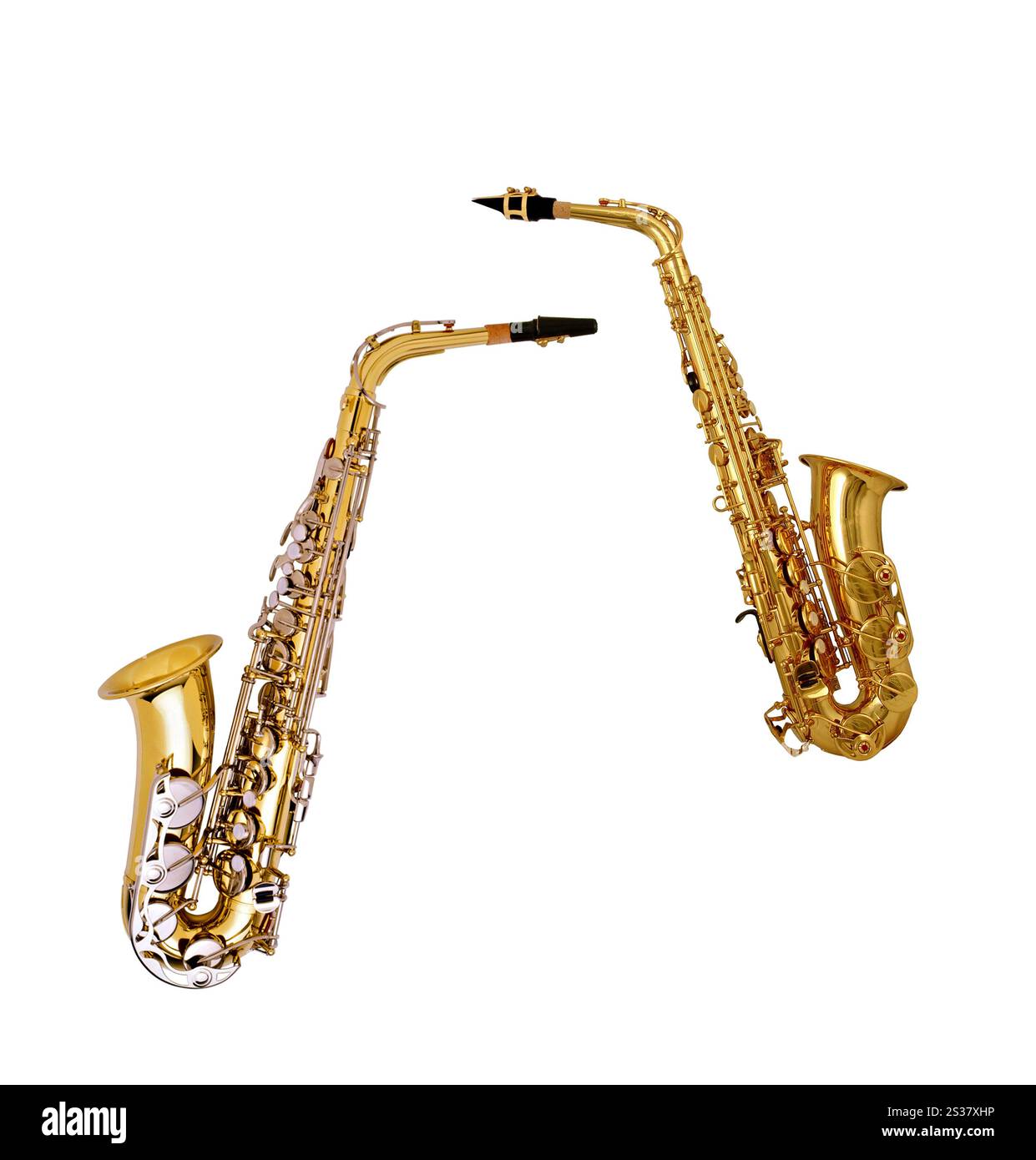golden saxophones isolated on white background Stock Photo - Alamy