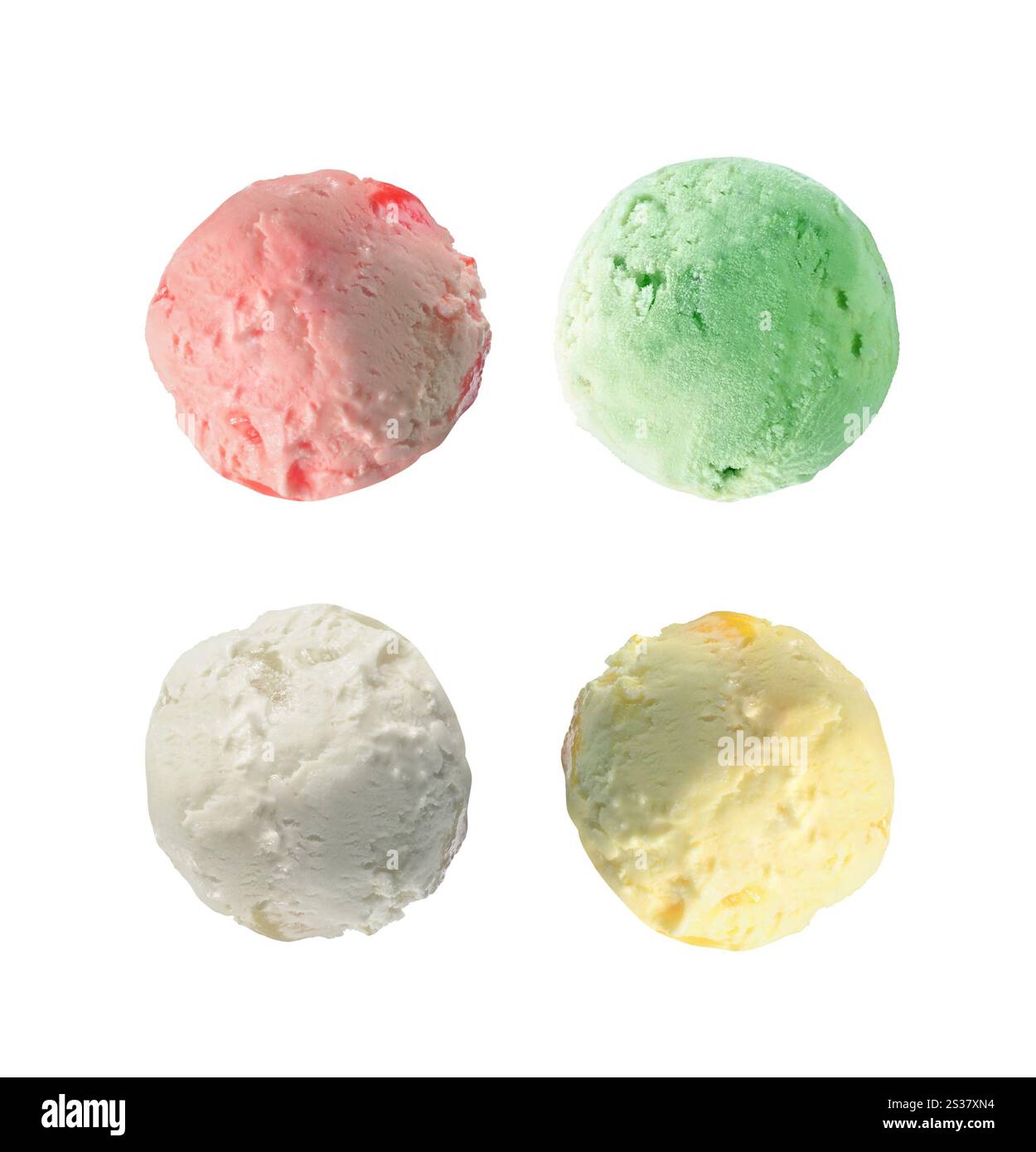 Four isolated scoops of ice cream from side isolated a white background ...