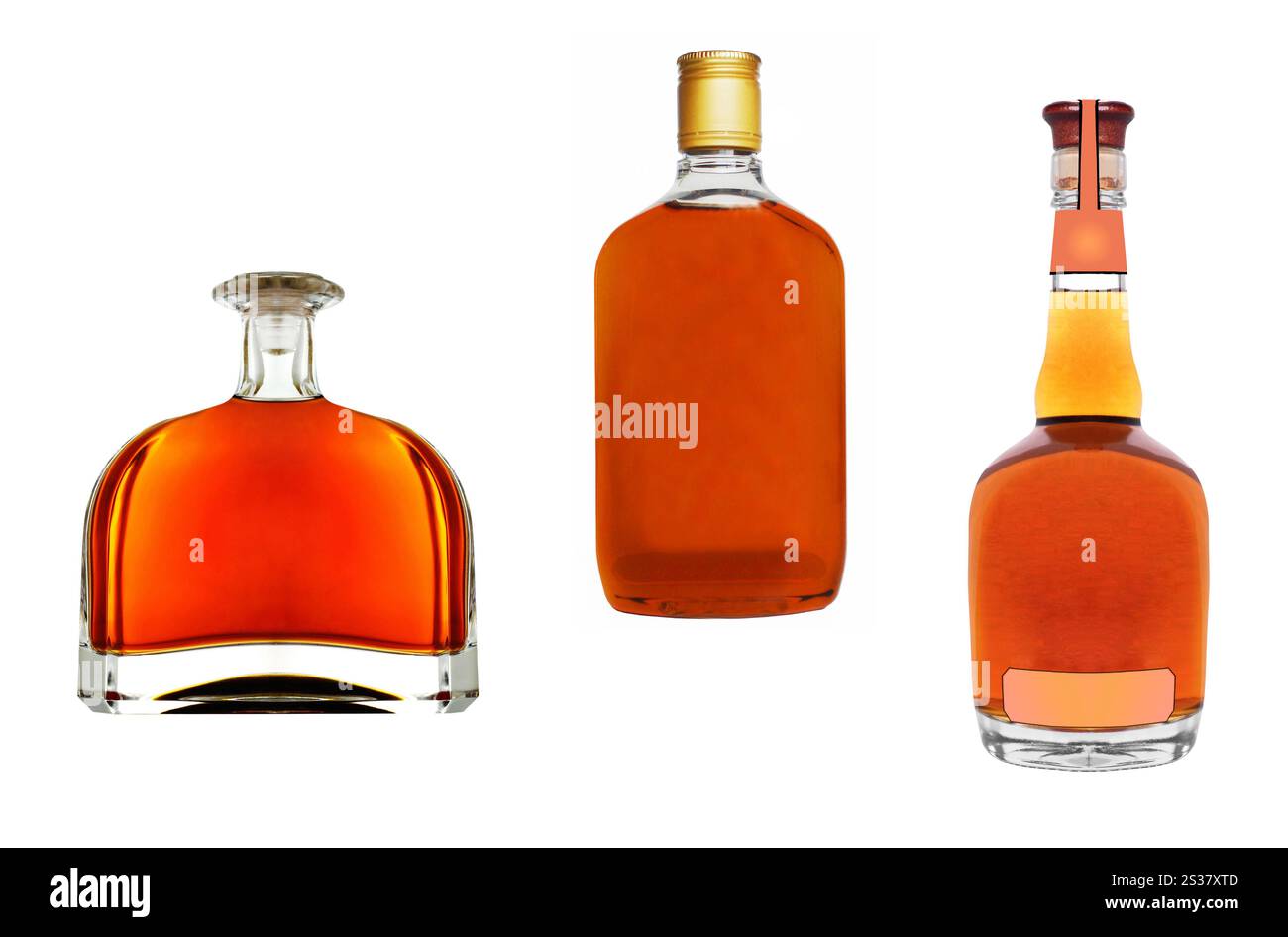 Cognac in bottles without labels isolated on a white background. Cognac in bottles without ...