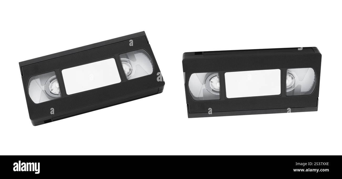Old VHS video cassettes tape with blank label for copyspace. Old video ...