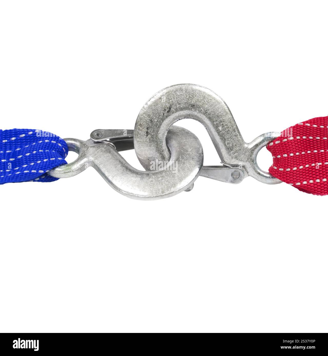 Two carabiners with knotted ropes isolated on white background. Two carabiners with knotted ...