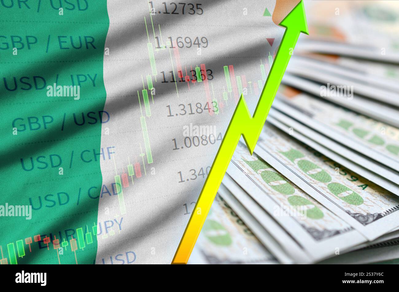 Ireland flag and chart growing US dollar position with a fan of dollar ...