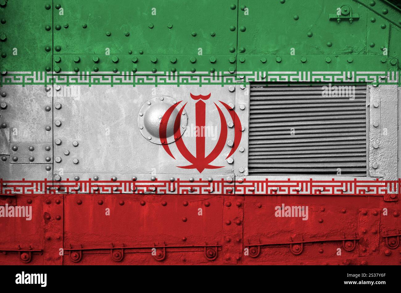 Iran flag depicted on side part of military armored tank close up. Army ...