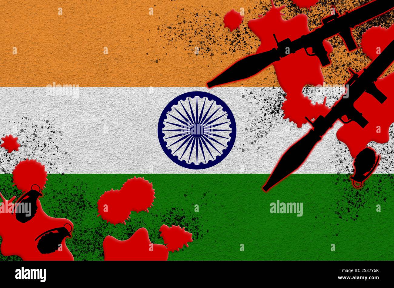 India flag and rocket launchers with grenades in blood. Concept for ...