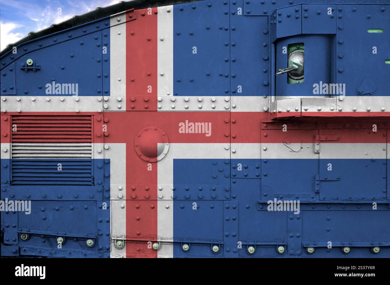 Iceland flag depicted on side part of military armored tank close up ...