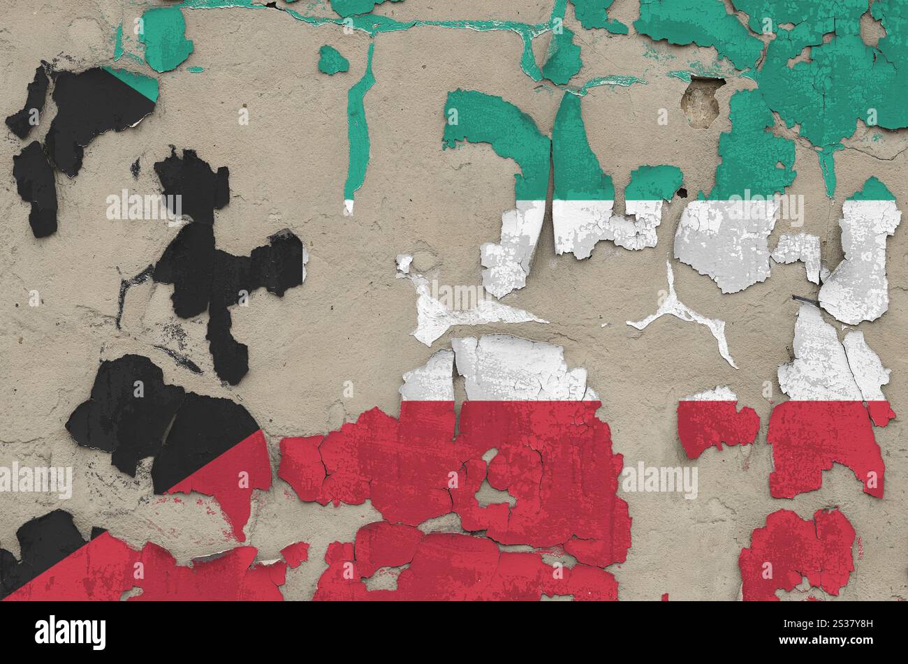 Kuwait flag depicted in paint colors on old obsolete messy concrete ...