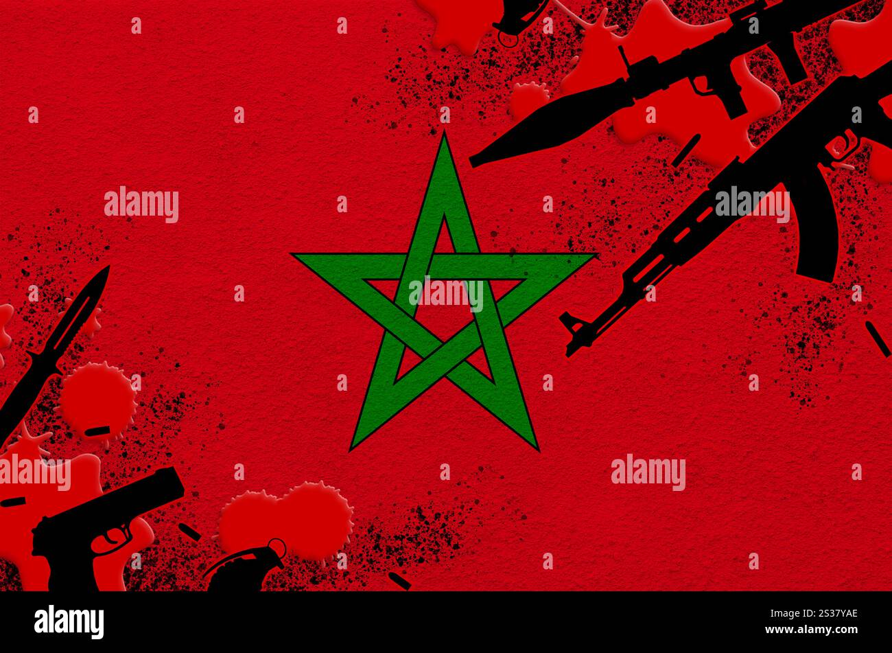 Morocco flag and various weapons in red blood. Concept for terror ...