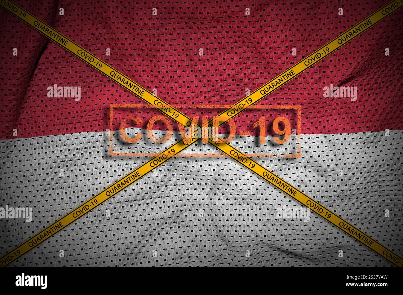 Monaco flag and Covid-19 stamp with orange quarantine border tape cross ...