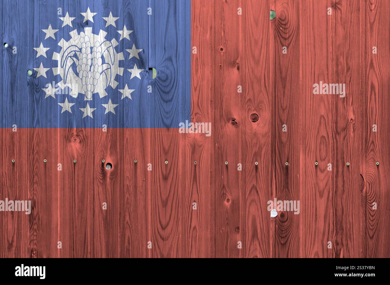 Myanmar flag depicted in bright paint colors on old wooden wall close ...