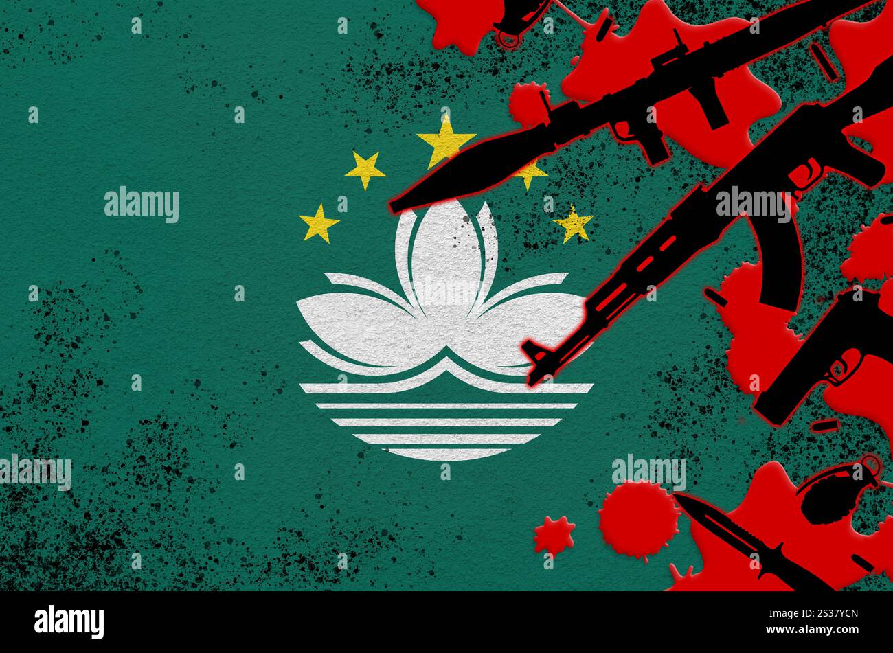 Macau flag and various weapons in red blood. Concept for terror attack ...
