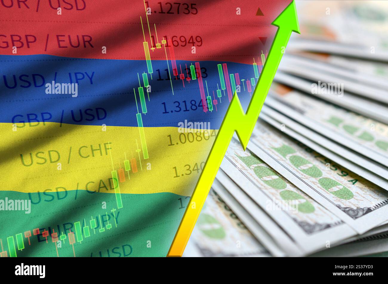 Mauritius flag and chart growing US dollar position with a fan of ...