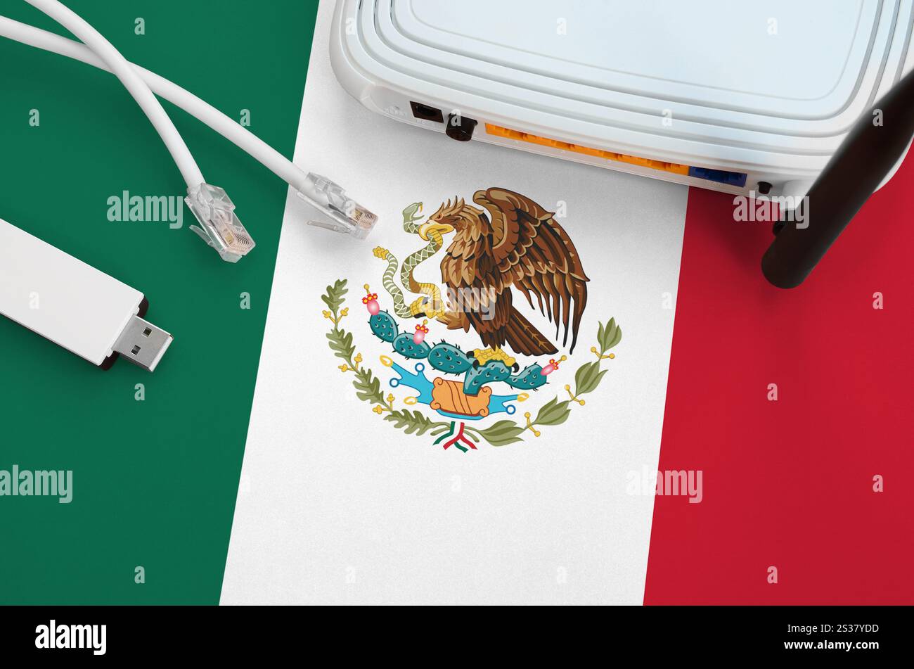 Mexico flag depicted on table with internet rj45 cable, wireless usb wi ...