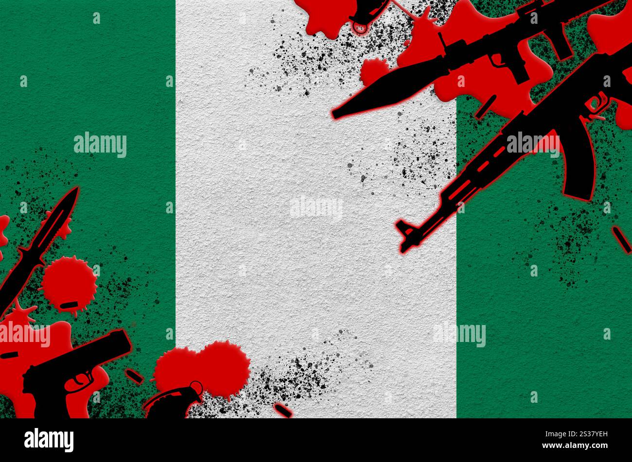 Nigeria flag and various weapons in red blood. Concept for terror ...