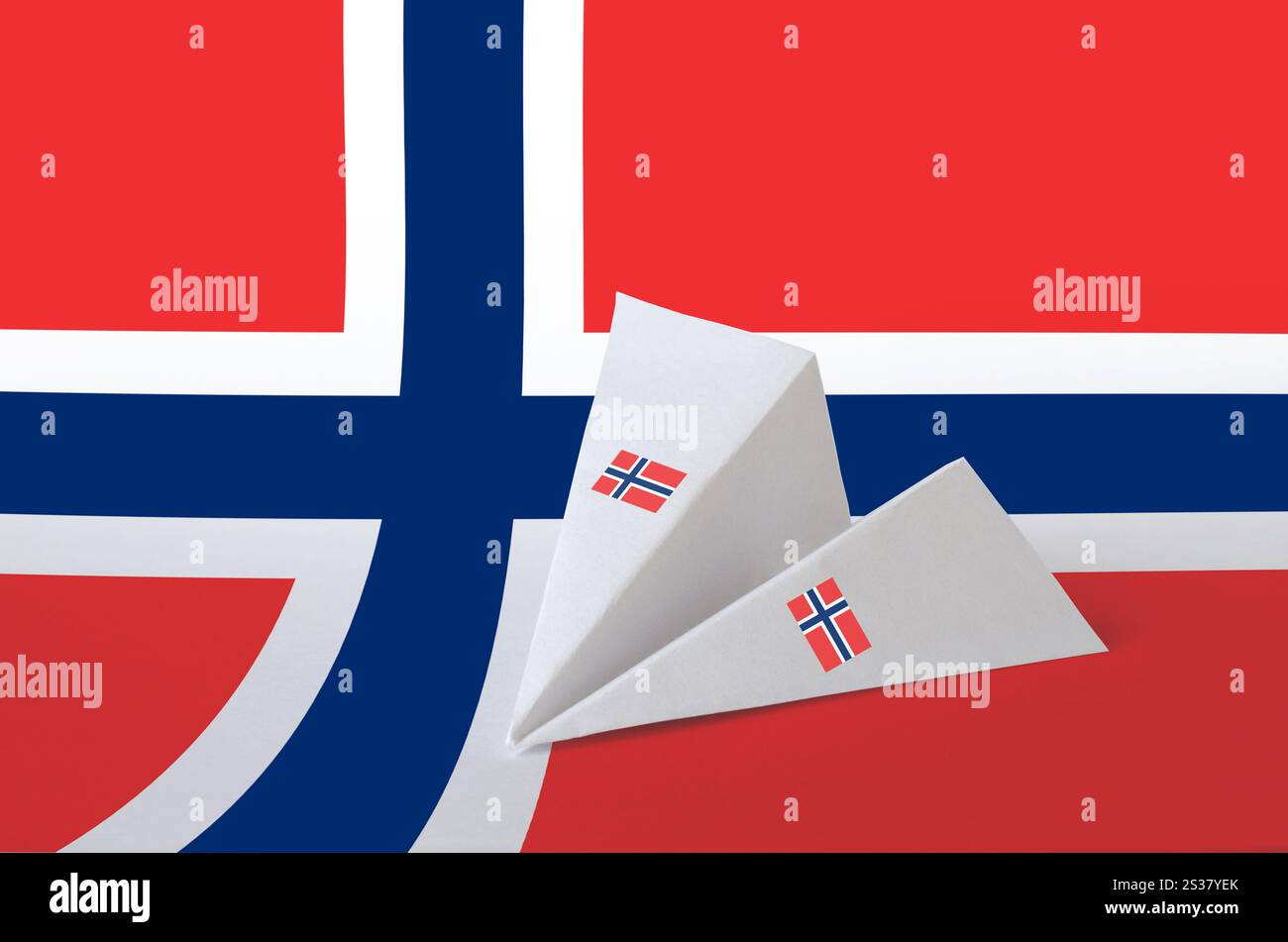Norway flag depicted on paper origami airplane. Oriental handmade arts ...