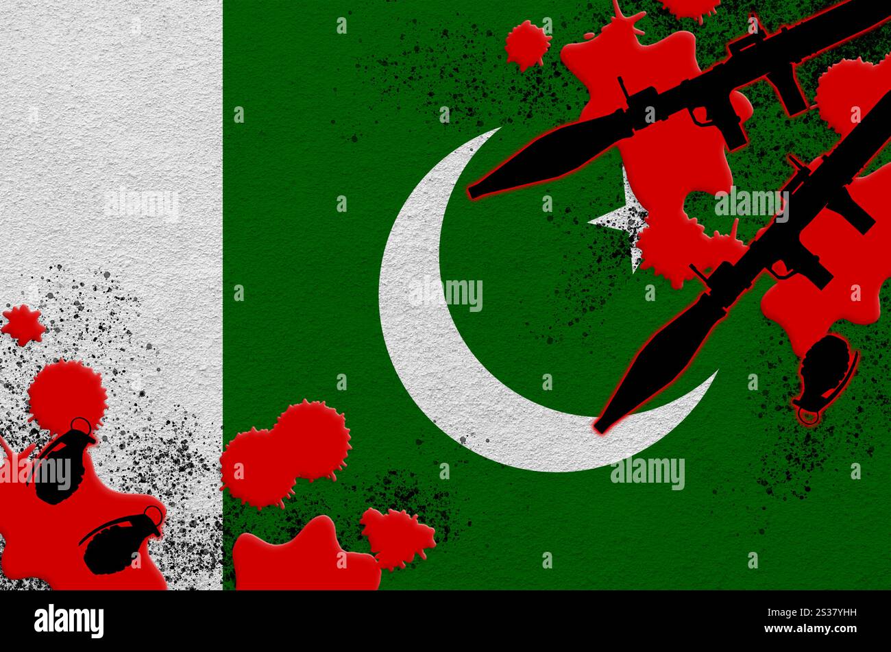Pakistan flag and rocket launchers with grenades in blood. Concept for ...