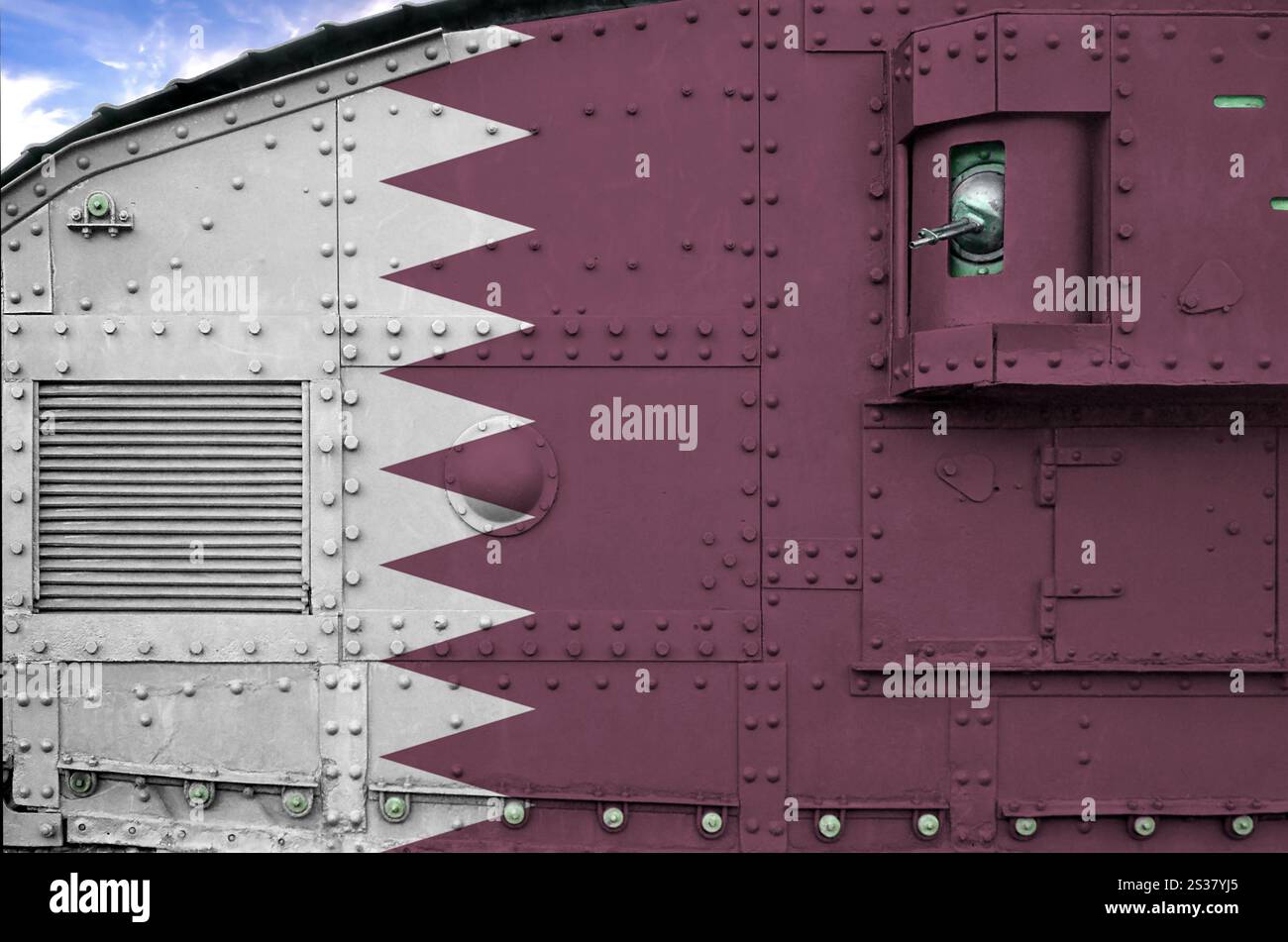 Qatar flag depicted on side part of military armored tank close up ...